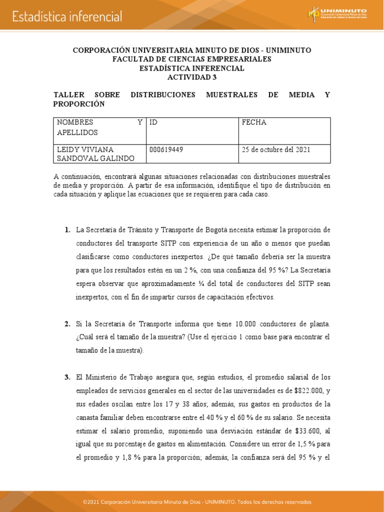 Actividad 3 Estadistica Inferencial 2021 | PDF | Intervalo de confianza | Desviación Estándar