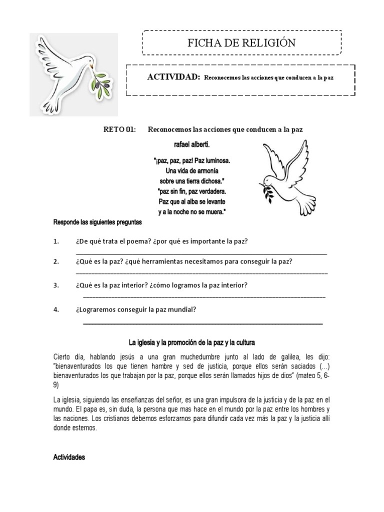 5° FICHA DIA 02-REL - Reconocemos Las Acciones Que Conducen A La Paz | PDF | Paz | premio Nobel