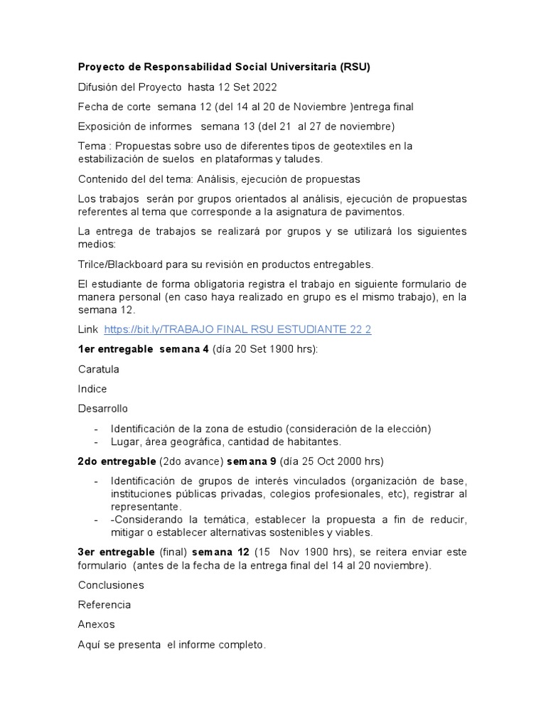 Proyecto de Responsabilidad Social Universitaria 2022-II | PDF