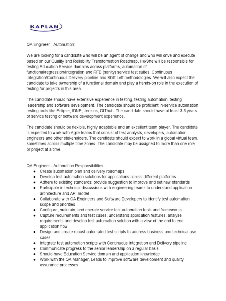 Jd For Qa Automation Pdf Automation Computer Science