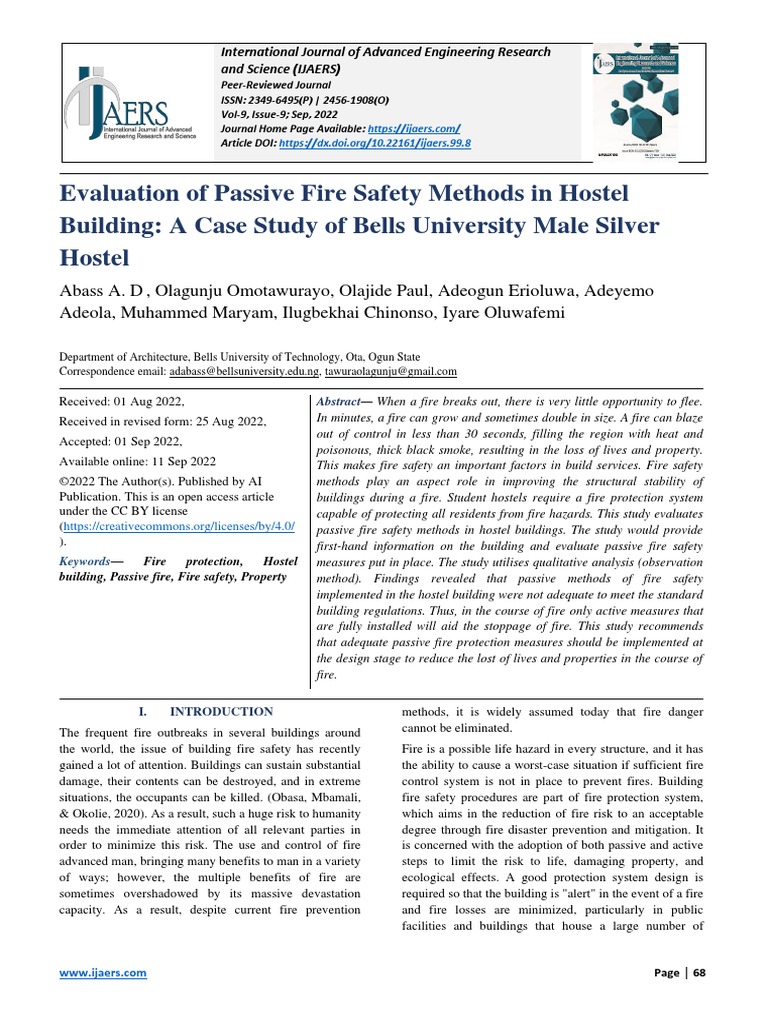 Evaluation of Passive Fire Safety Methods in Hostel Building: A Case ...