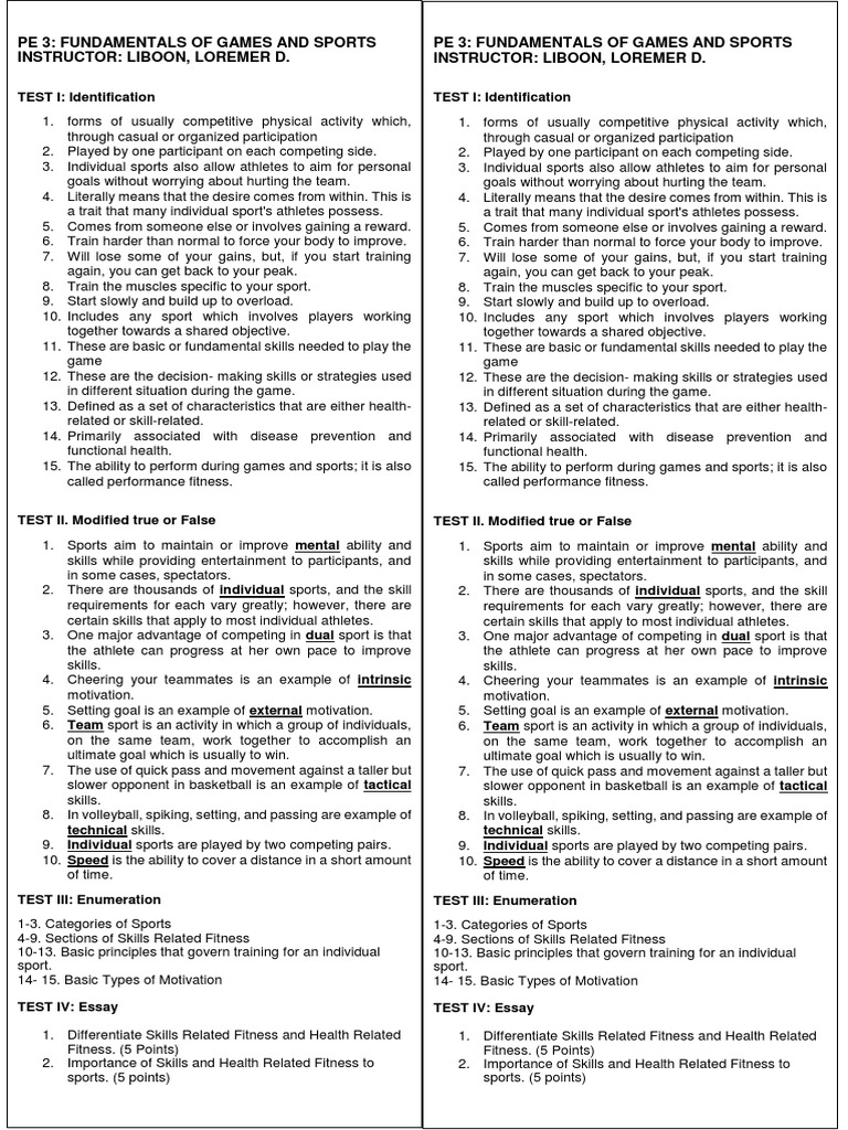 Pe 3 First Quiz | PDF | Sports | Physical Fitness