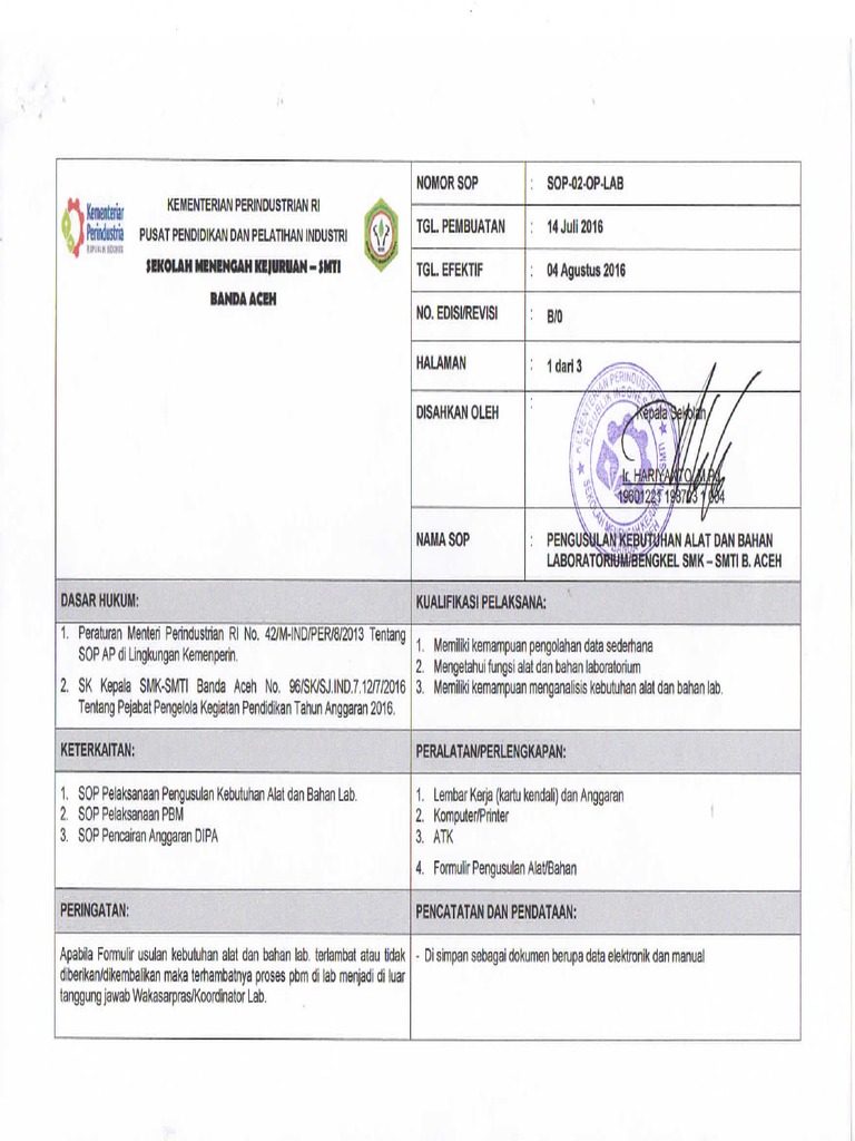 Lab02-Sop Pengusulan Kebutuhan Alat & Bahan Lab-Bengkel | PDF