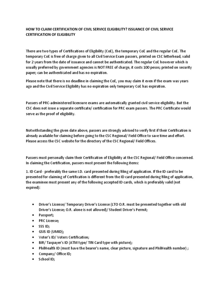 How To Claim Certification of Civil Service Eligibility | PDF ...