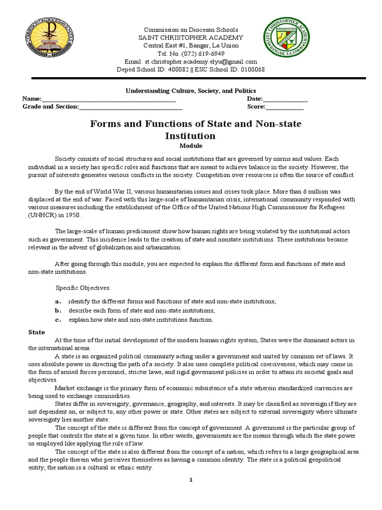 Forms and Functions of State and Non-State Institutions | PDF | Banks | State (Polity)