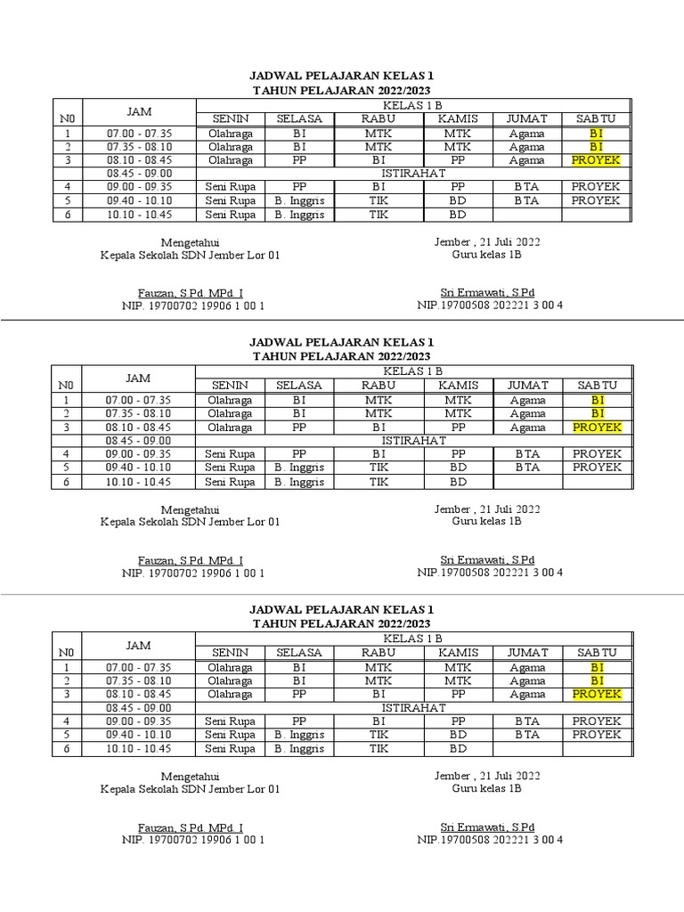 Jadwal Pelajaran Kelas 1 Pdf