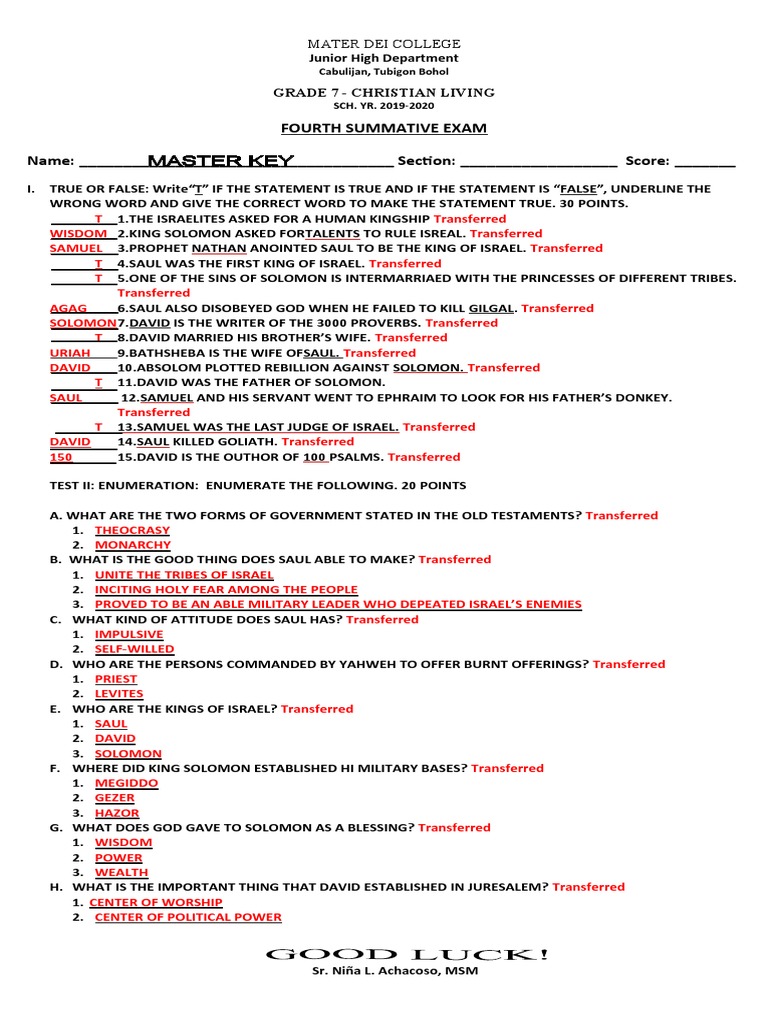 Grade 7 4TH SUMMATIVE EXAM MASTER KEY | PDF | David | Saul