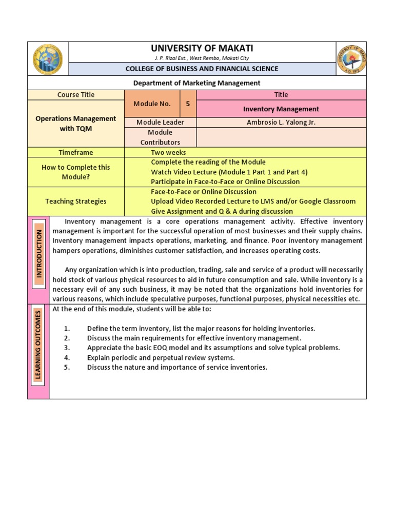 Module 5 Operation Management With TQM | PDF | Inventory | Operations ...