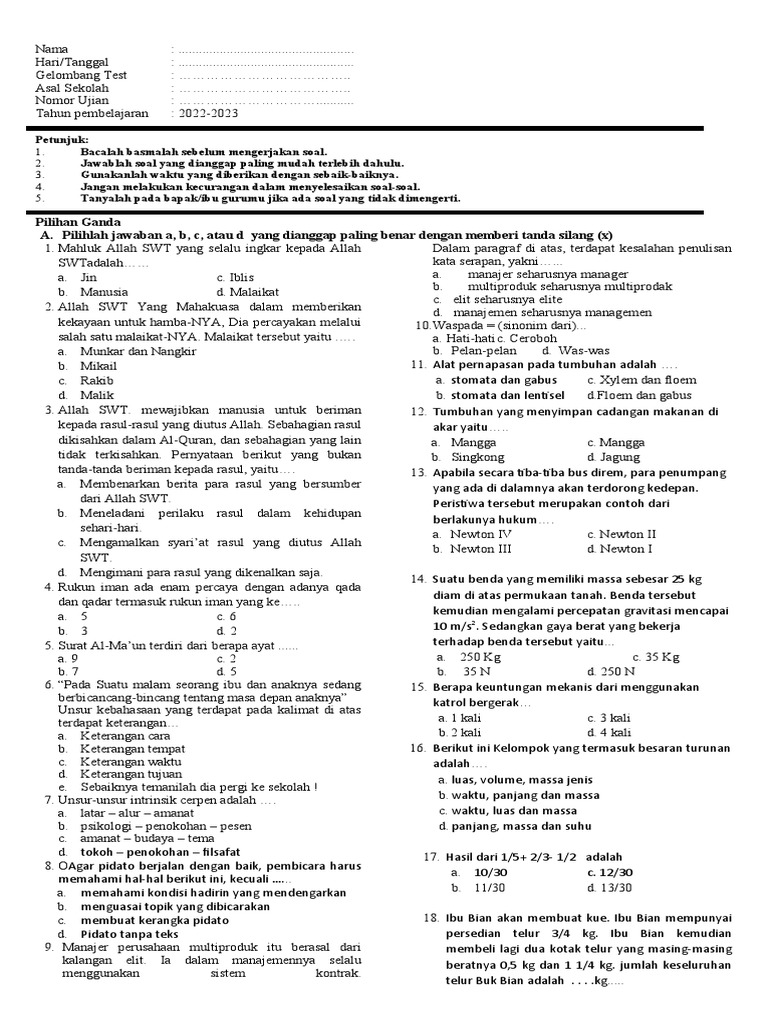 Soal Ujian Sekolah 2022-2023 | PDF