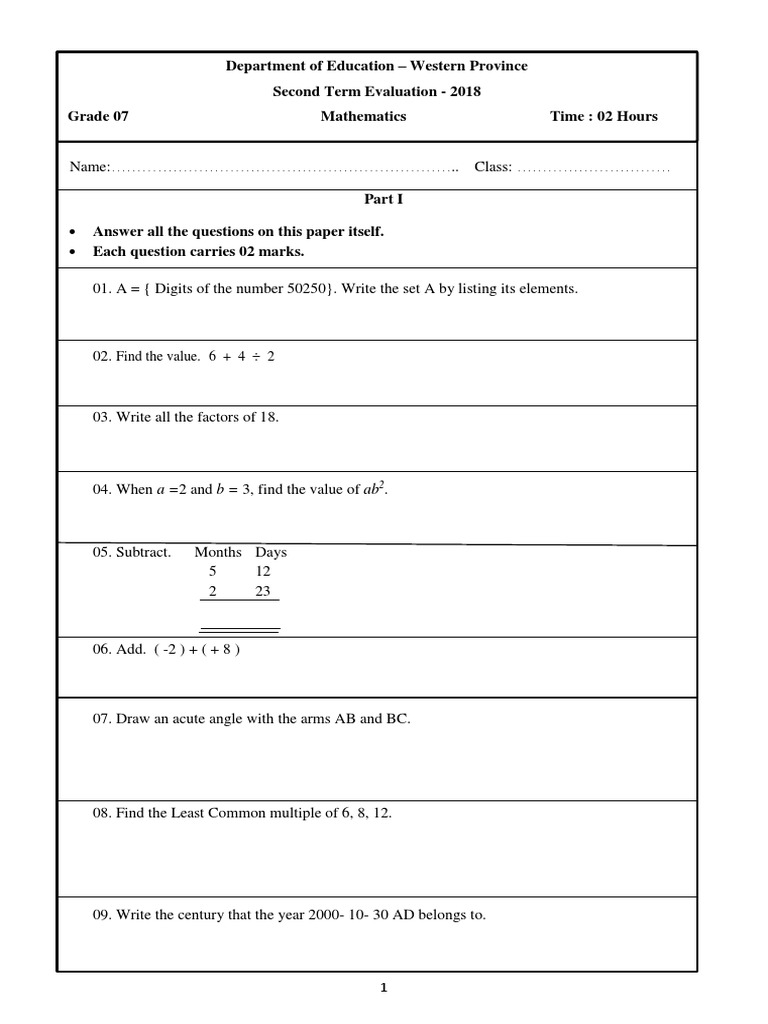 Grade 7 Mathematics Term 2 Exam Paper | PDF | Numbers | Area