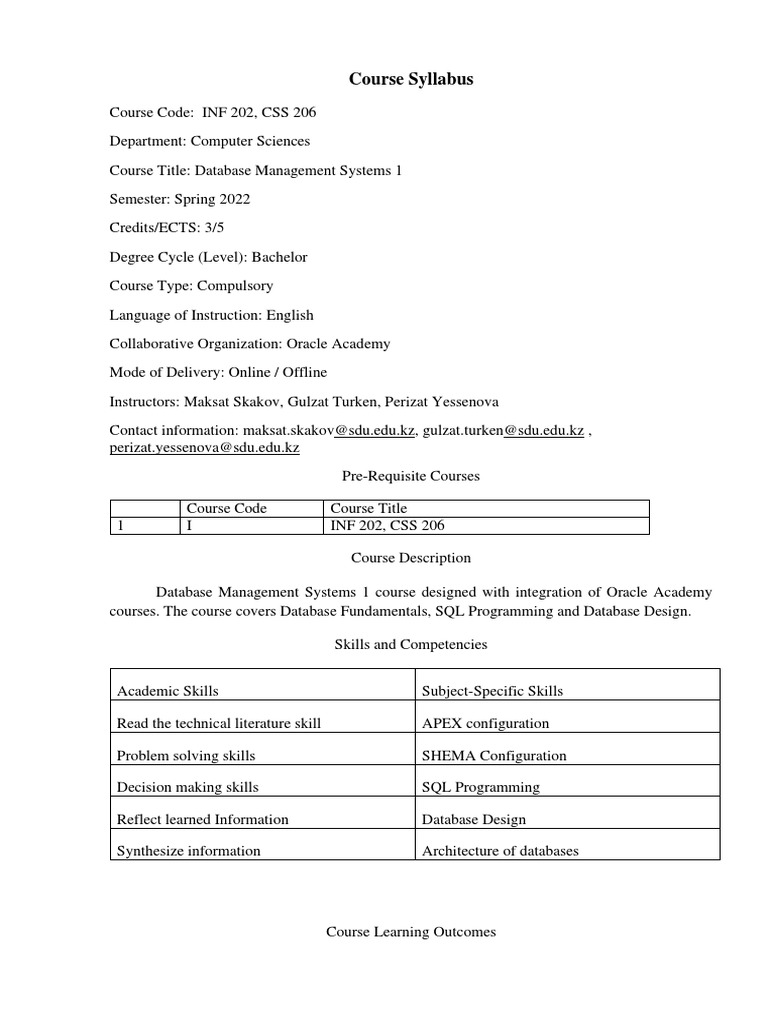 INF 202 Course Syllabus | PDF | Databases | Database Transaction