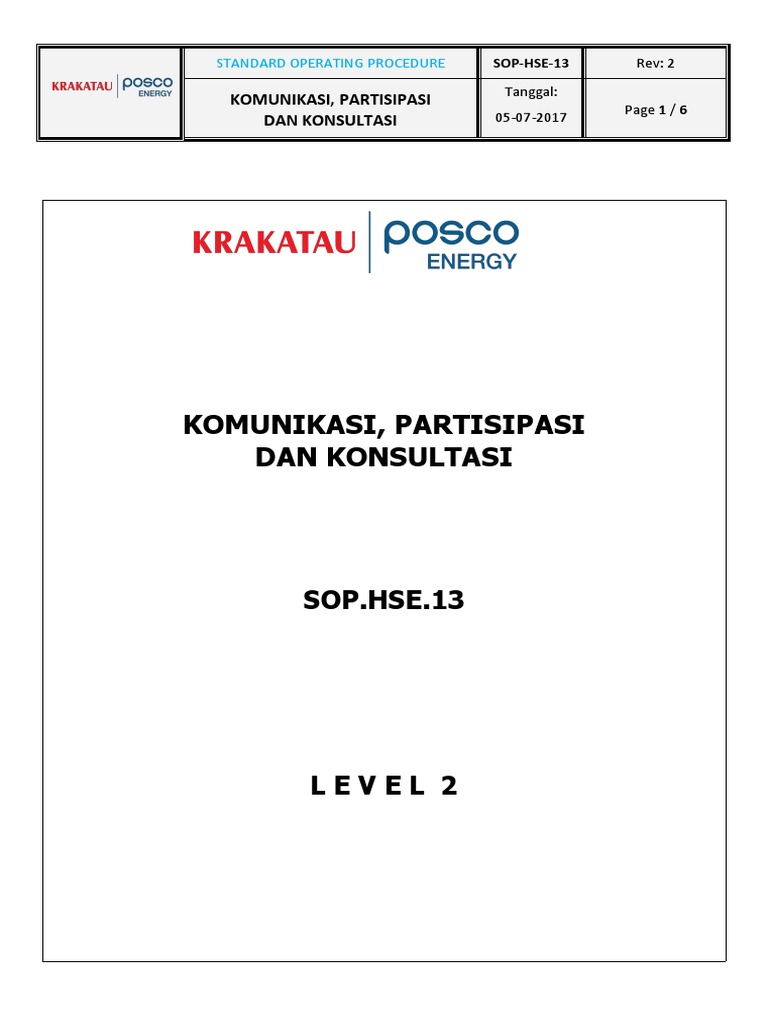 SOP-HSE-13 Komunikasi, Konsultasi Dan Partisipasi Rev.2 | PDF SOP-HSE-13 Komunikasi, Konsultasi Dan Partisipasi Rev.2 | PDF