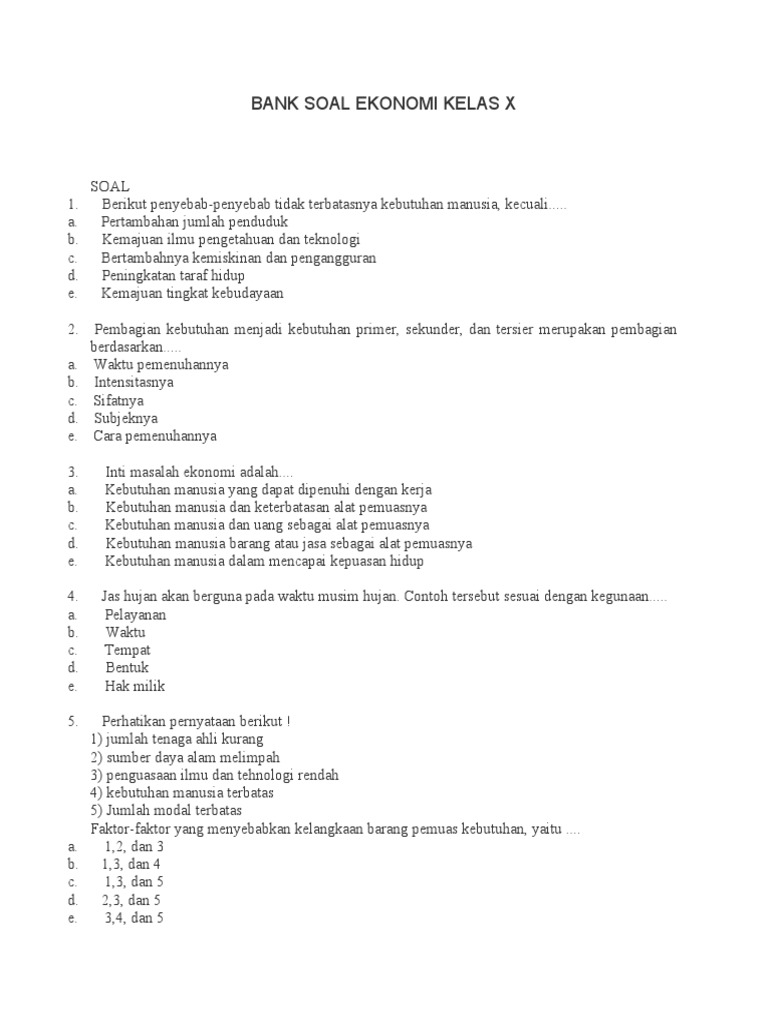 Bank Soal Ekonomi Kelas X | PDF