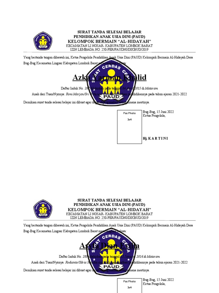 Surat Tanda Selesai Belajar PAUD | PDF