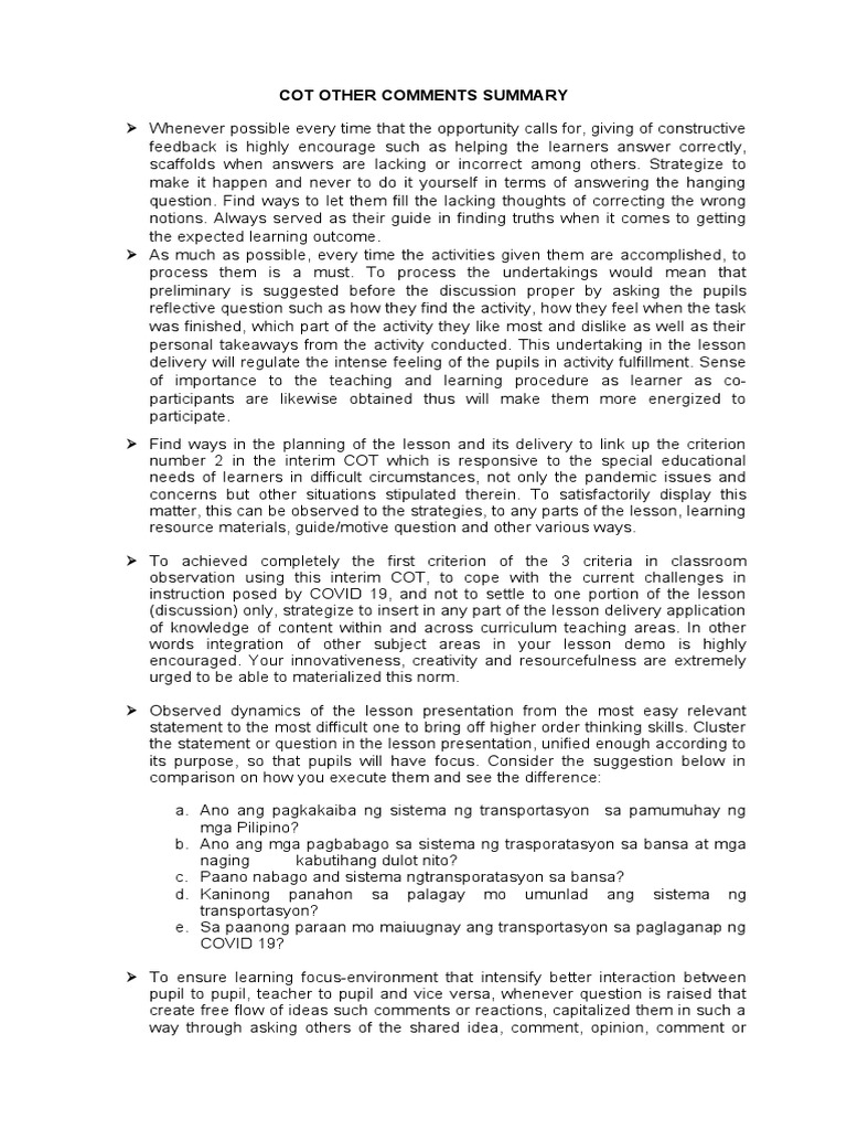 Cot Other Comments | Download Free PDF | Learning | Teachers