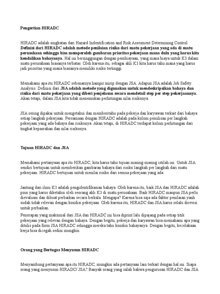 Pengertian HIRADC Dan Jenis Bahaya K3 | PDF