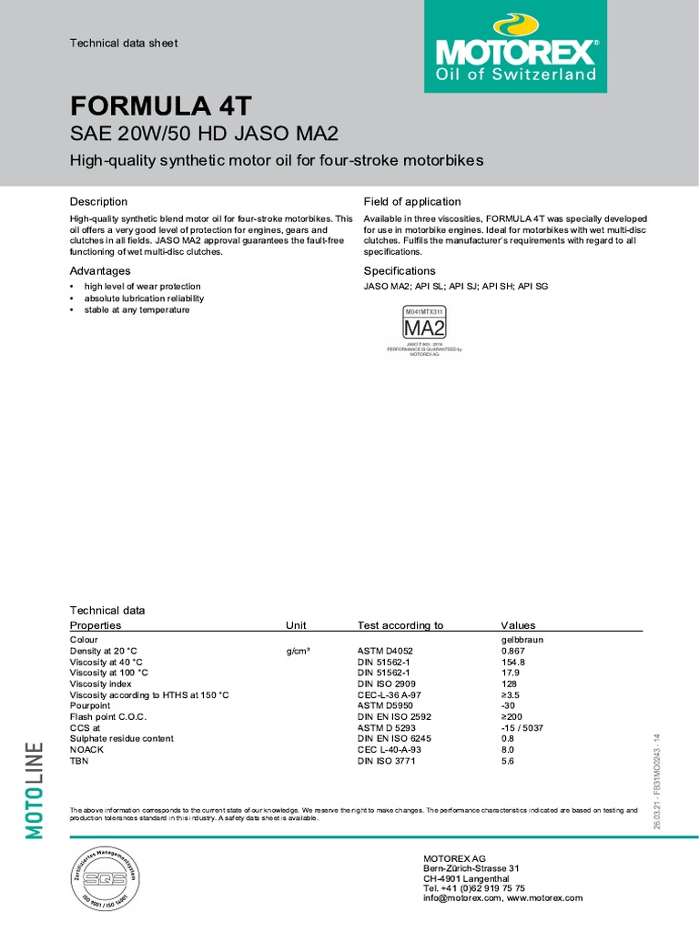 Formula 4T 20W50 HD Jaso Ma2 - en | PDF | Motor Oil | Liquids