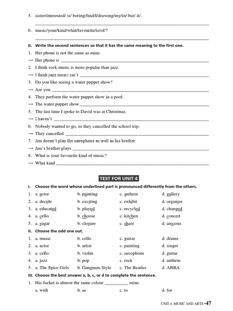 Music and Arts Unit 4 Exercises | PDF