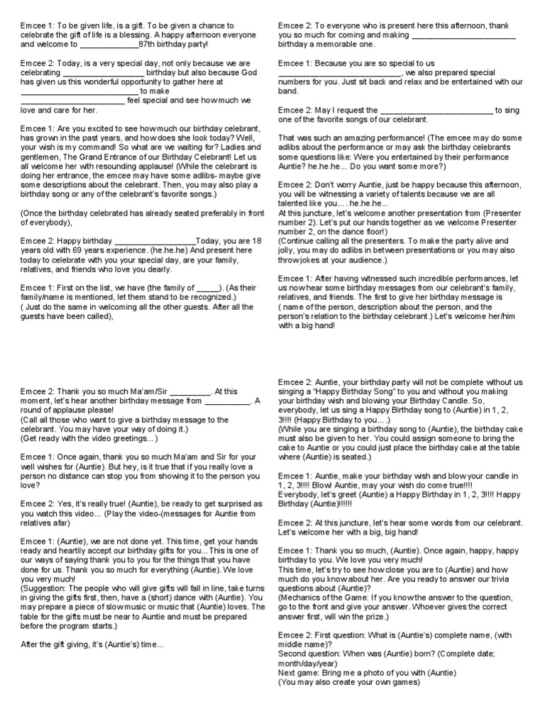 Script For 87th Birthday | PDF