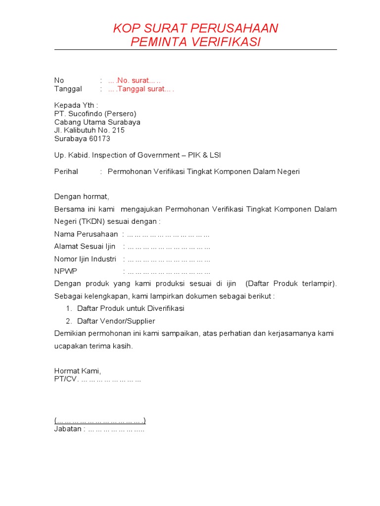 Draft Surat Permohonan Verifikasi TKDN | PDF