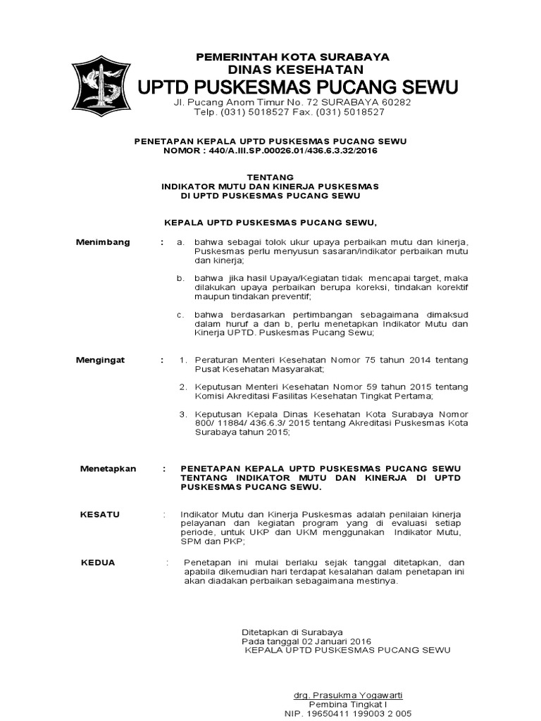 Contoh SP - Indikator Mutu Dan Kinerja Puskesmas | PDF