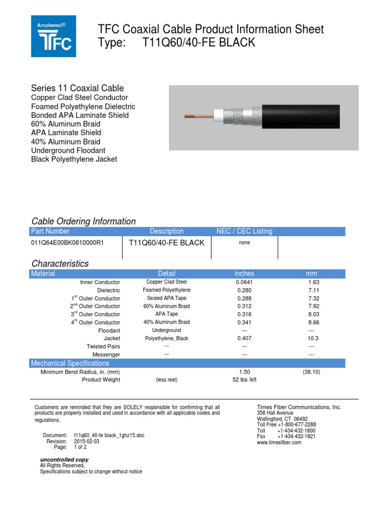 TFC Coaxial Cable Product Information Sheet Type: T11Q60/40-FE BLACK | PDF | Coaxial Cable ...