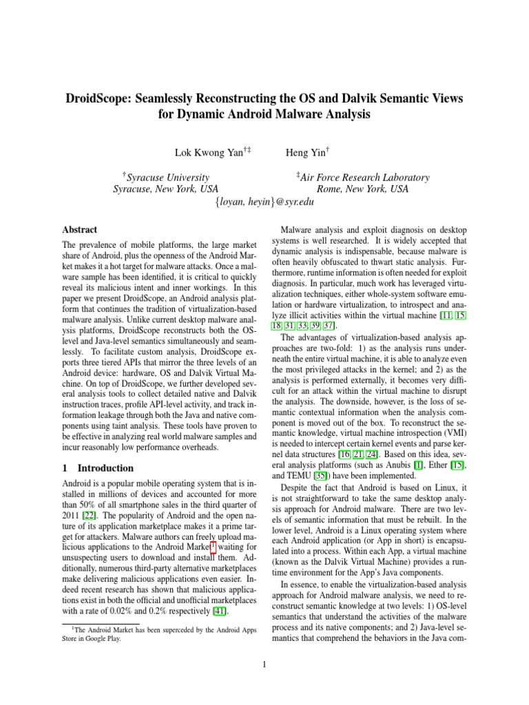 2012 Droidscope Seamlessly Reconstructing The Os And Dalvik Semantic Views For Dynamic Android