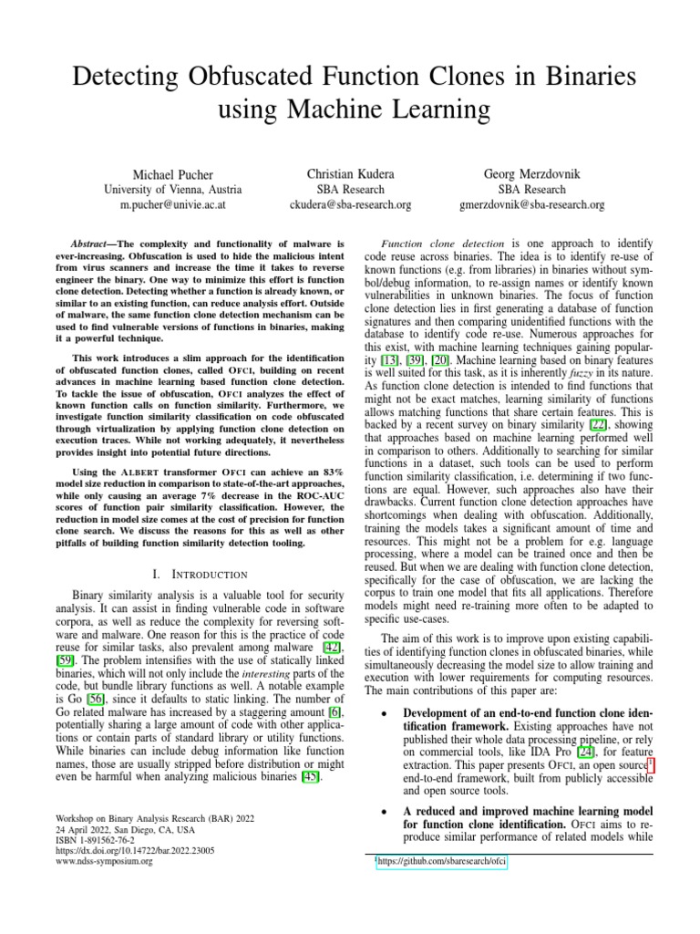 2022-Detecting Obfuscated Function Clones in Binaries Using Machine Learning | PDF | Software ...