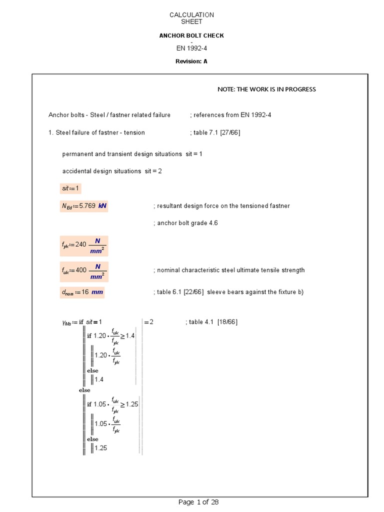 Mathcad - Anchor Bolt - Concrete Related Failure | PDF | Screw | Civil ...