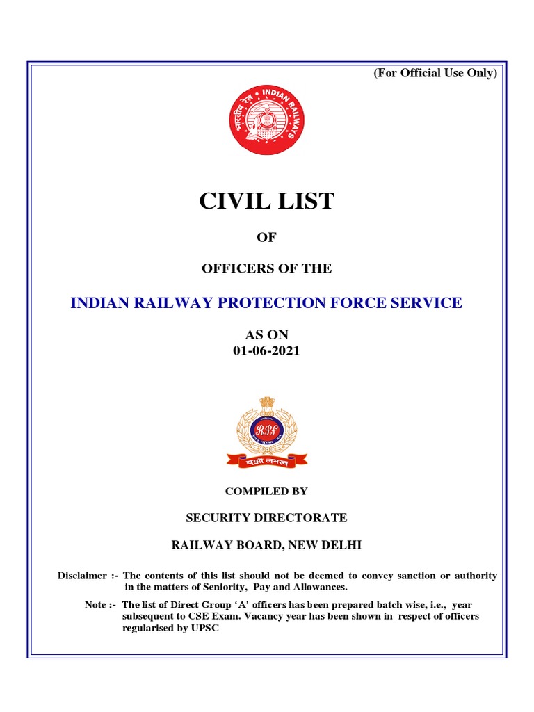Civil List of Officers of the Indian Railway Protection Force Service ...
