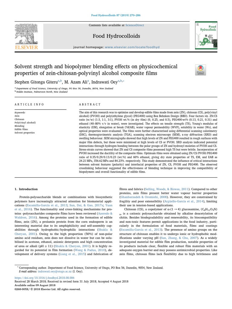 Solvent Strength and Biopolymer Blending Effects On Physicochemical Properties of Zein-Chitosan ...