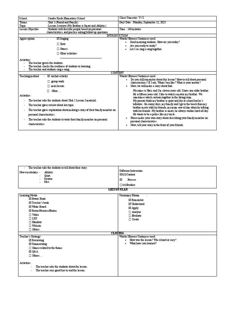 Grade 5 E.C U1 l3 Lesson Plan Review 12.9.22 | PDF | Teachers | Lesson Plan