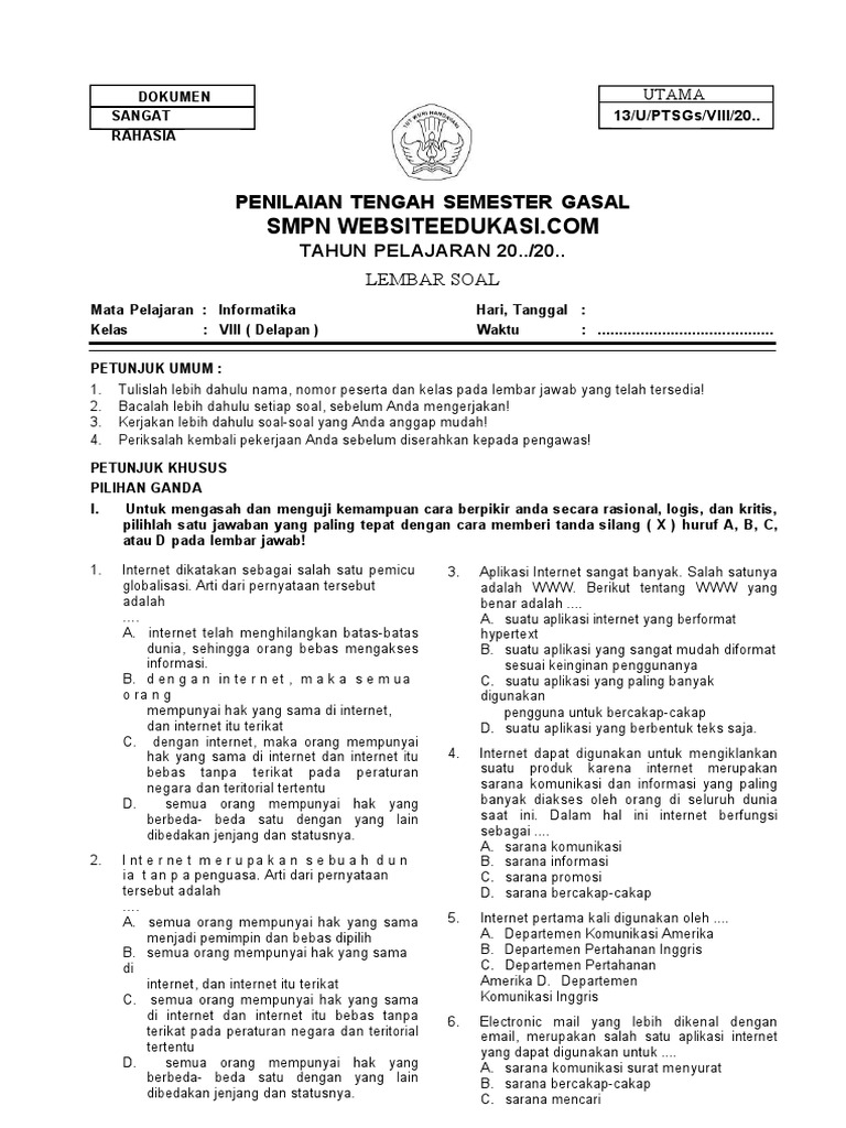 Soal PTS GSL 8 - INFORMATIKA | PDF