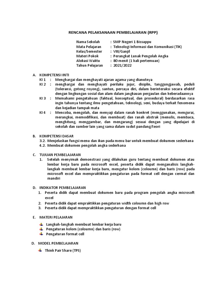 RPP Microsoft Excel-Smp | PDF