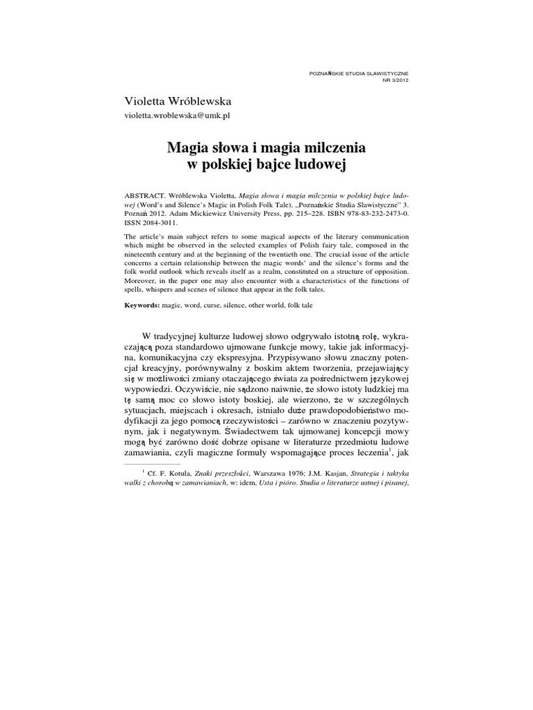 Magia Slowa I Magia Milczenia W Polskiej | PDF