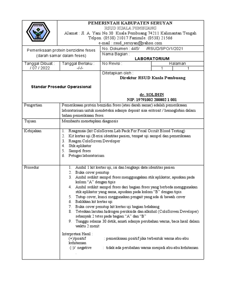Sop Pemeriksaan Protein Benzidine Feses | PDF