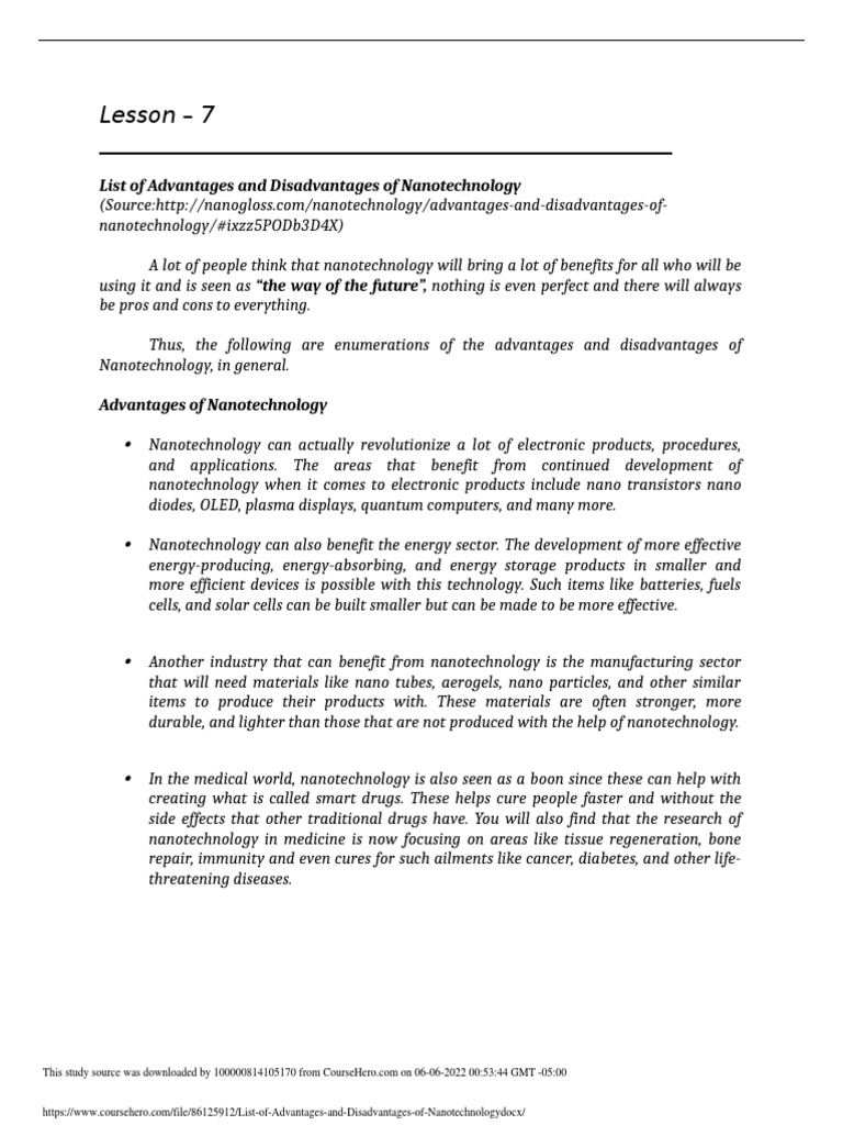 List of Advantages and Disadvantages of Nanotechnology | PDF | Nanotechnology | Materials