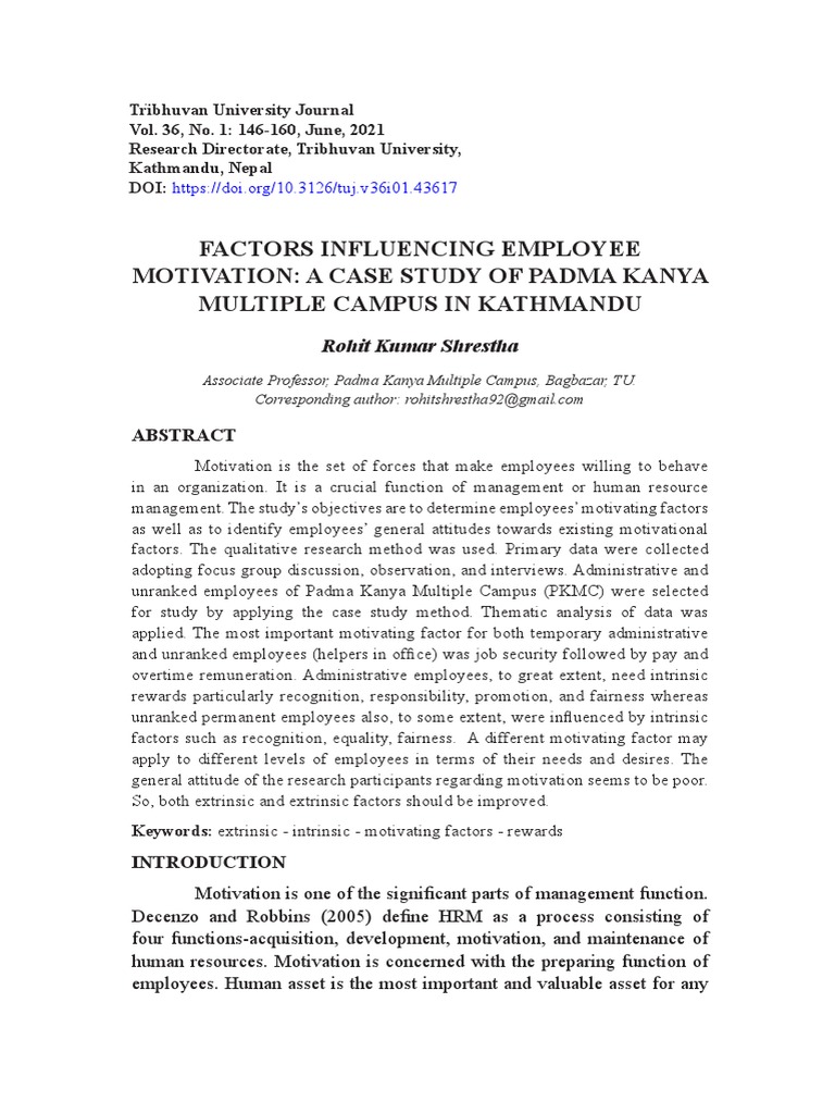 Factors Influencing Employee Motivation: A Case Study of Padma Kanya ...