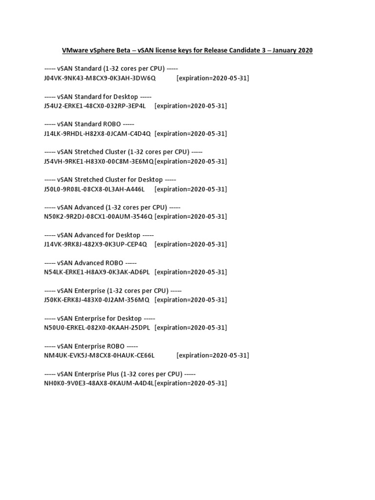 VMware Vsphere Beta - vSAN Licenses For RC3 | PDF