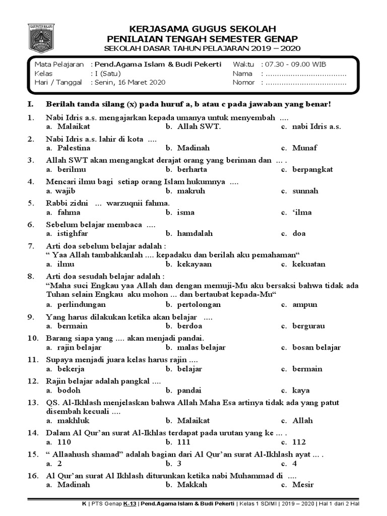 Soal PTS Genap PAI Kelas 1 SD 2019-2020 | PDF