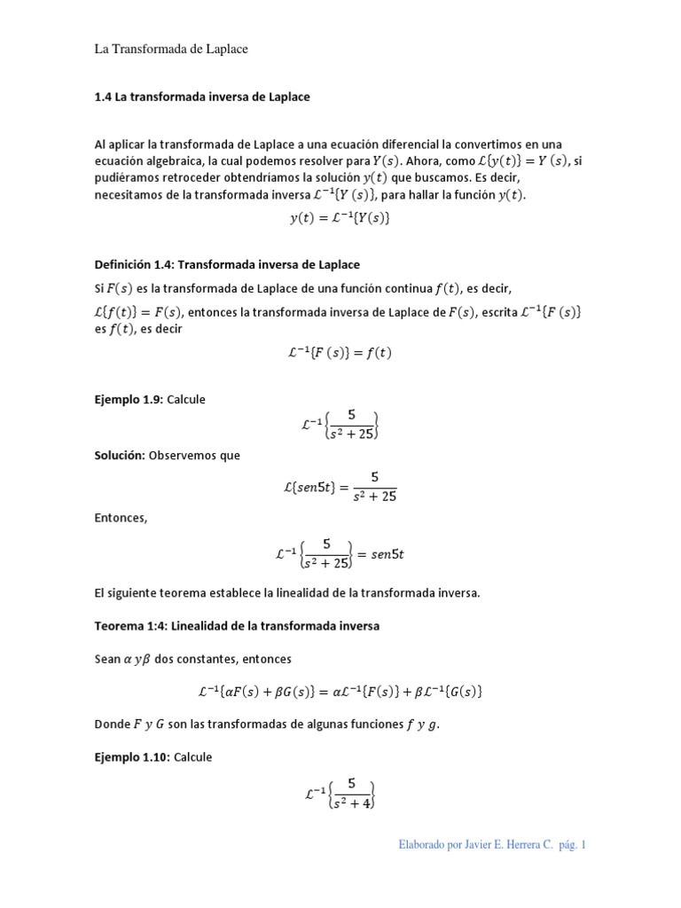 1.4 La Transformada Inversa de Laplace | PDF | Transformada de Laplace ...