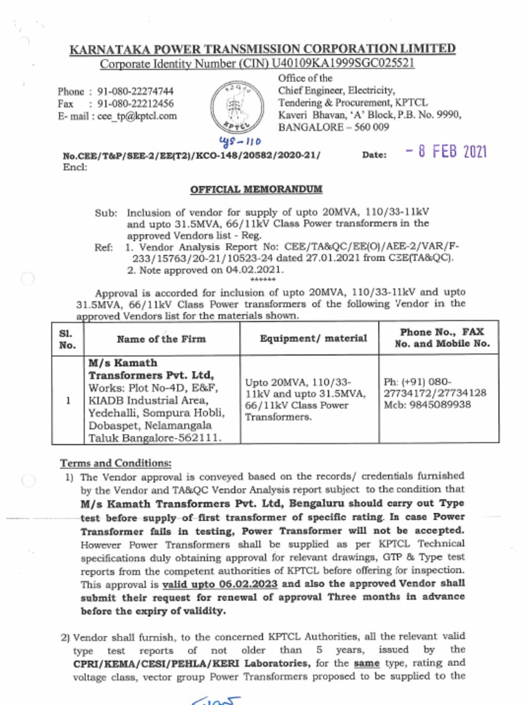 31.5MVA KPTCL Vendor Approval | PDF