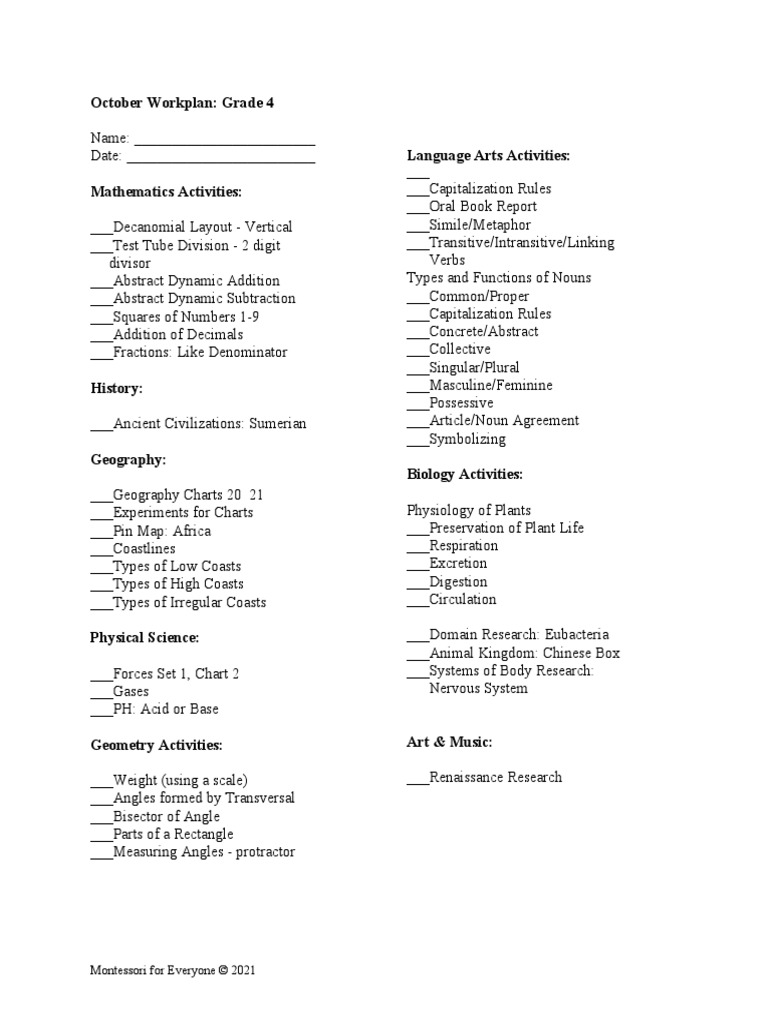 October Workplan Grade 4 | PDF