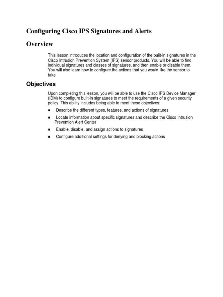 Configuring Cisco IPS Signatures and Alerts | PDF | Port (Computer Networking) | Denial Of ...