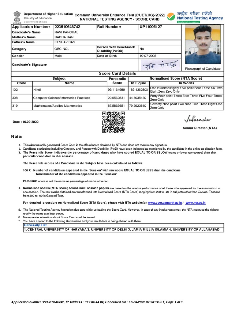 CUET UG 2022 Score Card for Ravi Panchal | PDF | Percentile | Computer ...