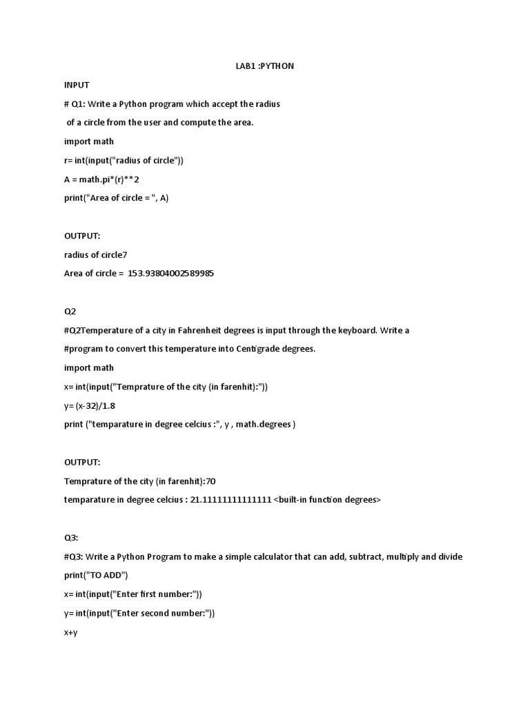 Python Lab1 | PDF | Elementary Mathematics | Mathematics Python Lab1 | PDF | Elementary Mathematics | Mathematics