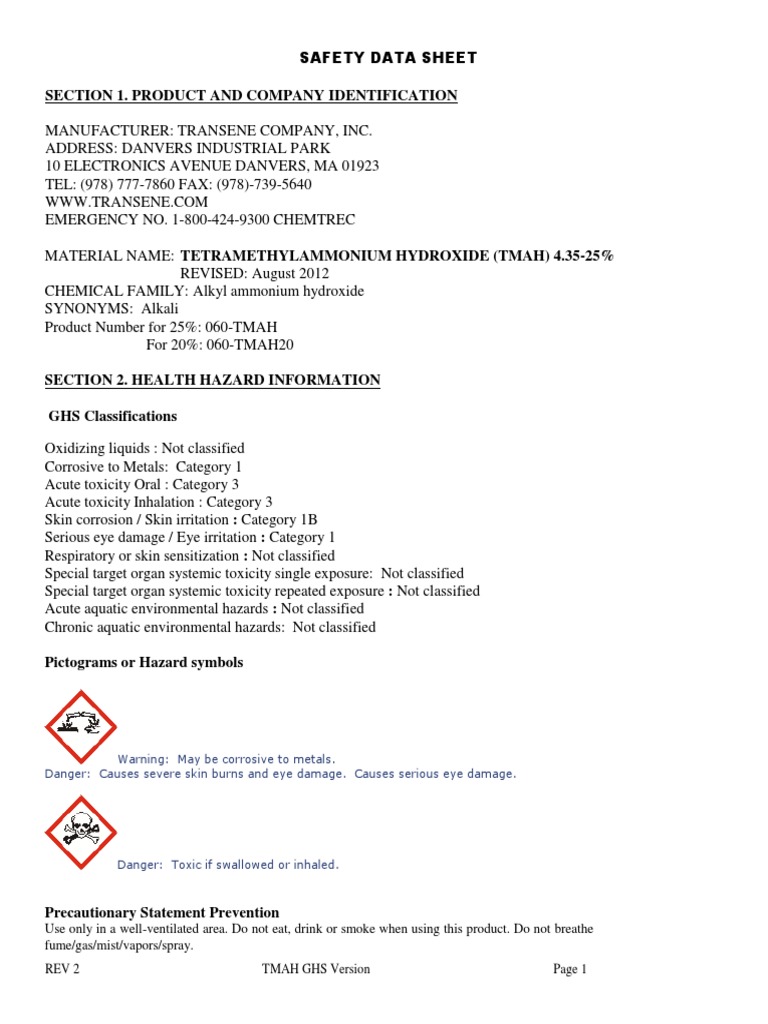 Safety Data Sheet: Tetramethylammonium Hydroxide Solution 4.35-25% | PDF | Toxicity | Personal ...