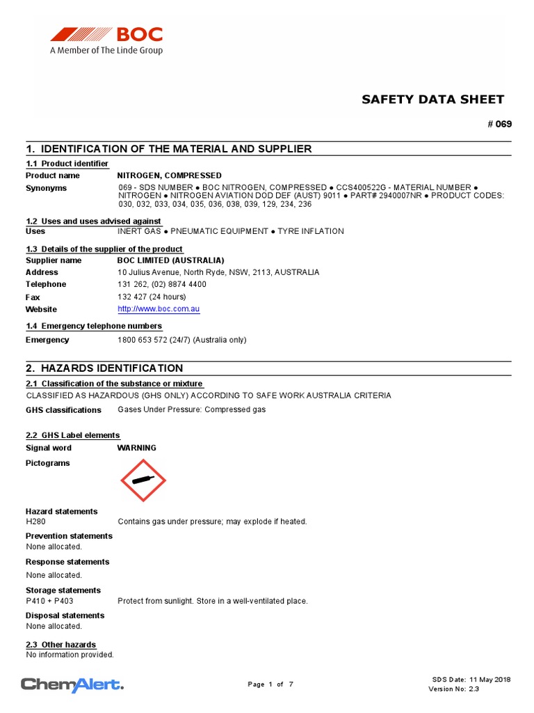 Compressed Nitrogen Gas Safety Data Sheet | PDF | Occupational Safety ...