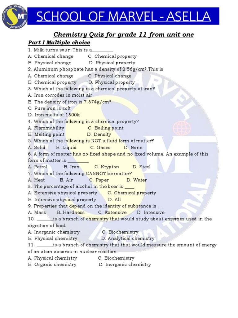 Grade 11 Chemistry Unit 1 Quiz | PDF | Chemistry | Significant Figures