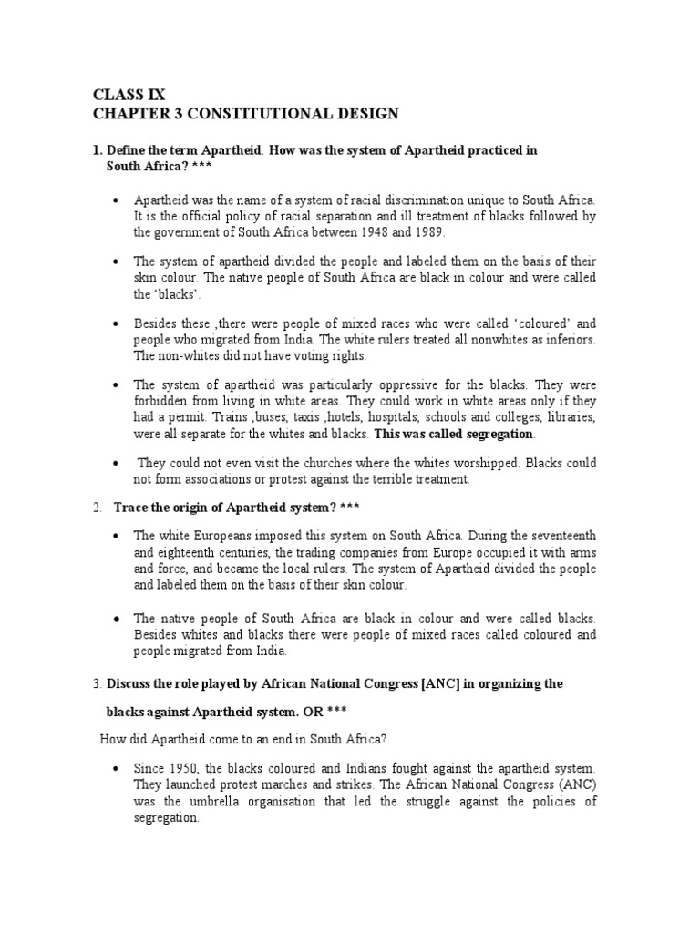 CLASS IX Politics Chapter 3 Constitutional Design | PDF | Apartheid ...